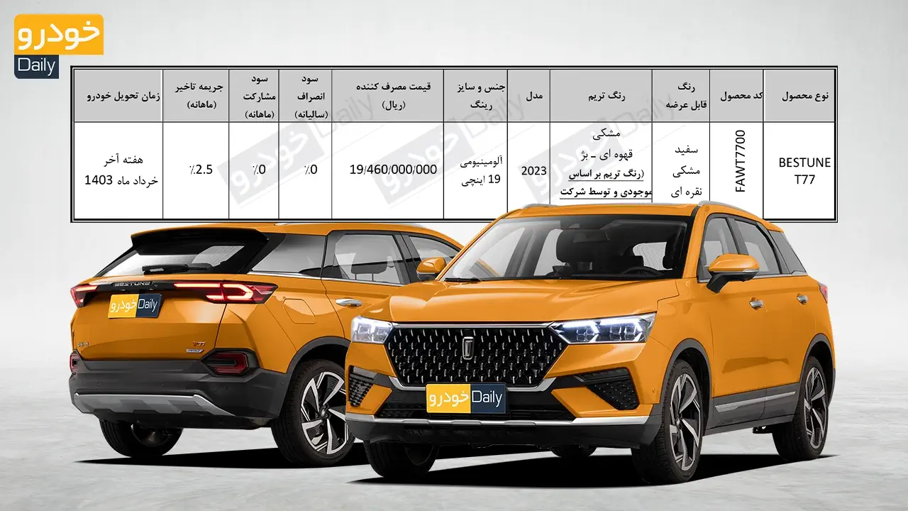 فروش خودرو وارداتی بستیون T77 گروه بهمن - اسفند ۱۴۰۲ - خودرودیلی